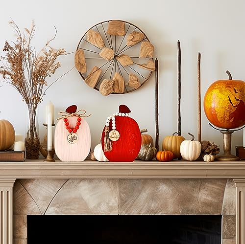 OYATON Fall Thanksgiving Decoration for Home, Small Wooden Pumpkins - Shaped Sign Block Table Decor, Set of 2