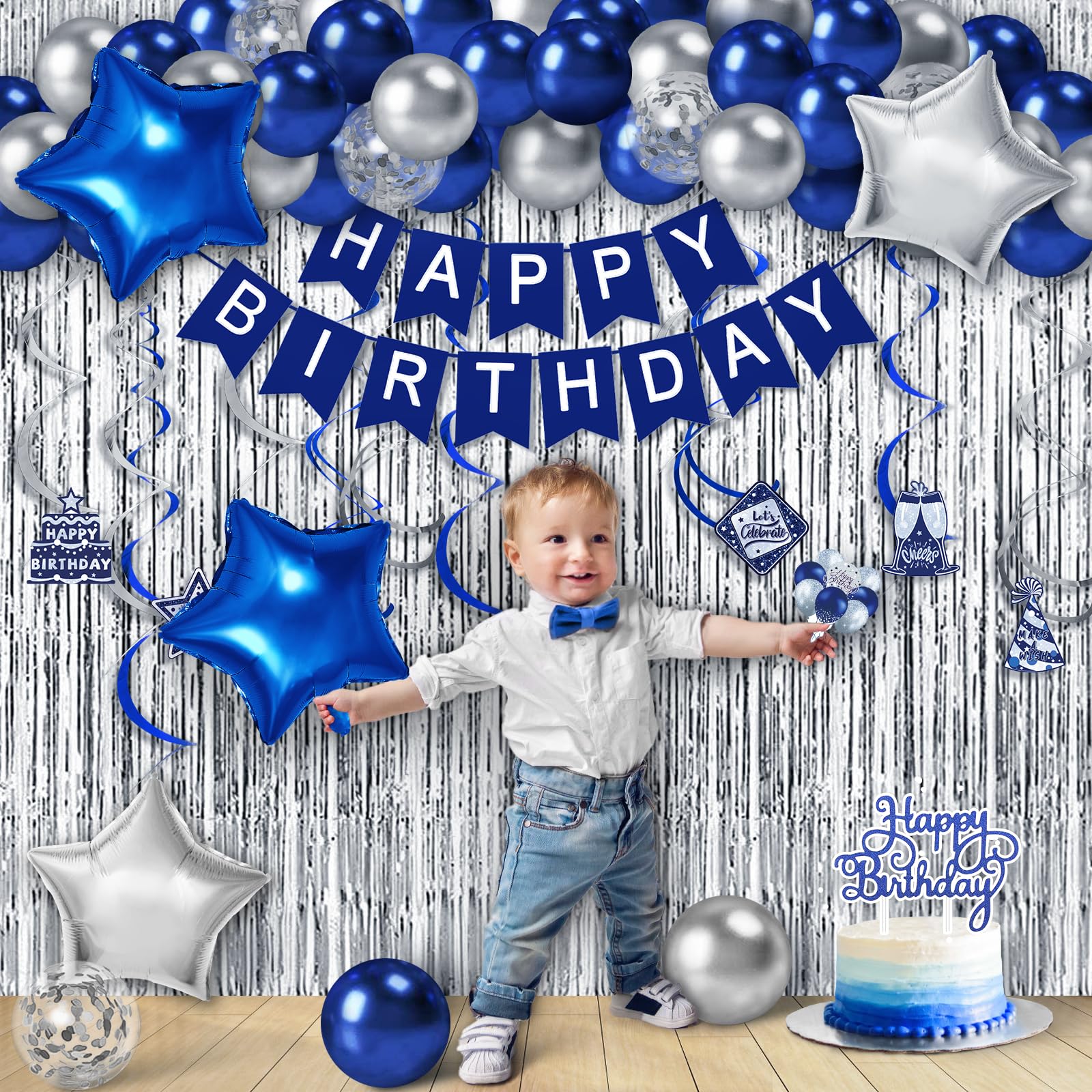 Navy Blue and Silver Birthday Decorations for Men Birthday Decorations for Boys Contain Banner Balloons Fringe Curtains Hanging Swirls Tablecloth Cake Topper Birthday Party Supplies for Men & Boys