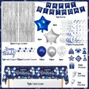 Navy Blue and Silver Birthday Decorations for Men Birthday Decorations for Boys Contain Banner Balloons Fringe Curtains Hanging Swirls Tablecloth Cake Topper Birthday Party Supplies for Men & Boys