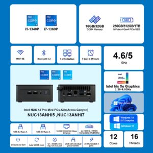 Intel NUC13ANHi7 NUC13 Pro 32GBRAM 1TB SSD Mini PC Mini Computer,Win 11 Pro Mini Computers,i7-1360P 12 Core,16 Thread, Up to 5 GHz Turbo,NVMe SSD DDR4,WiFi 6E,BT 5.3,8K Support,USB 3.2,HTPC,Gaming