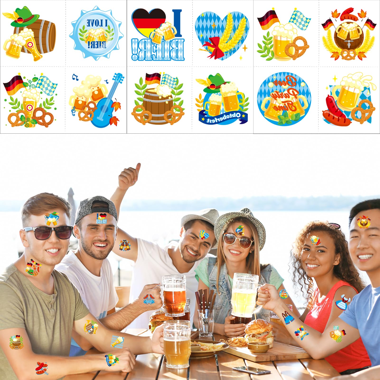 Qpout 72Pcs Oktoberfest Temporary Tattoos Beer Face Fake Tattoos Stickers for Beer Theme Party Decorations Oktoberfest Party Favors Supplies