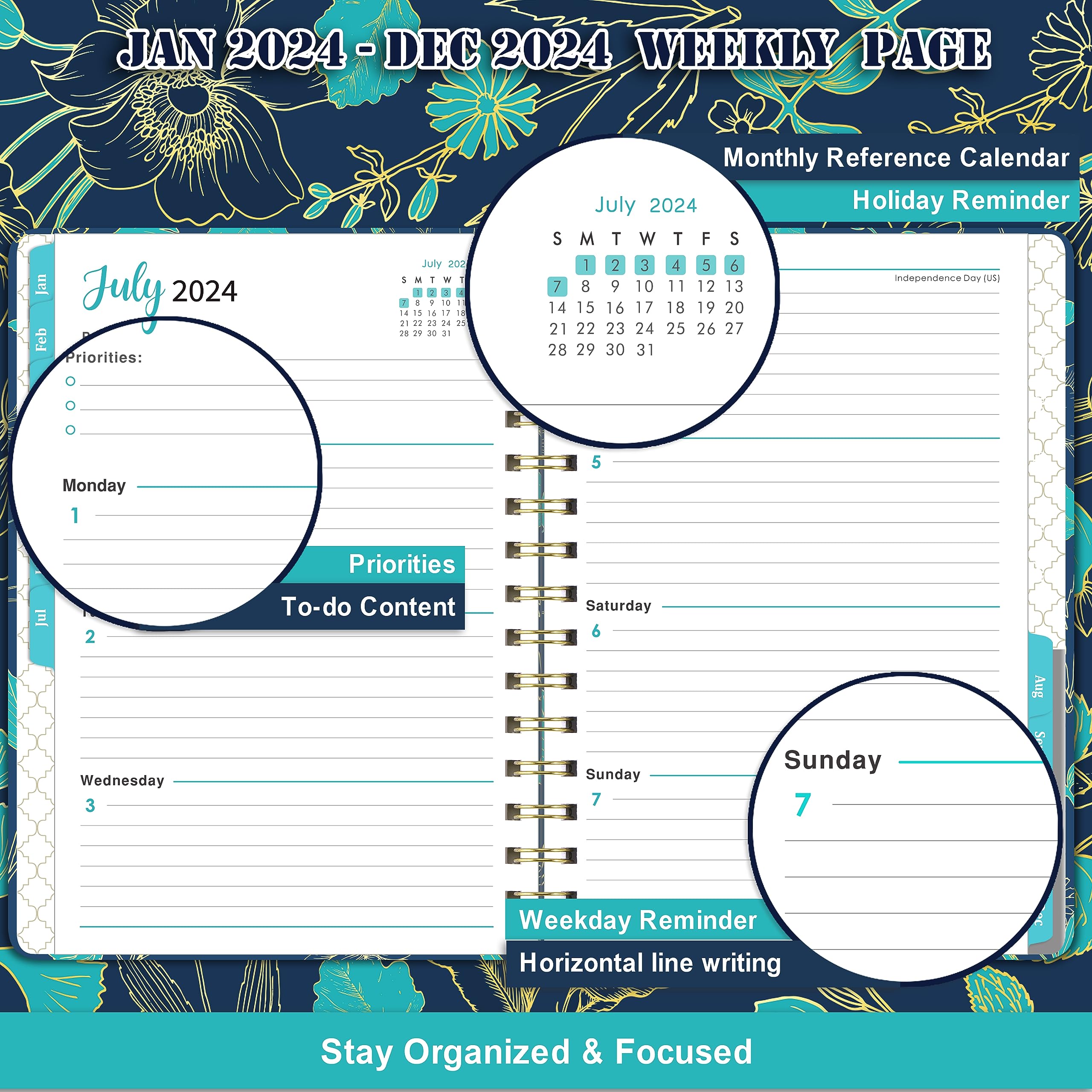 2024 Planner - Planner 2024, Jan.2024 - Dec.2024, 6.4" x 8.5", 2024 Planner Weekly and Monthly, Calendar Planner with Inner Pocket, Elastic Closure, Spiral Bound