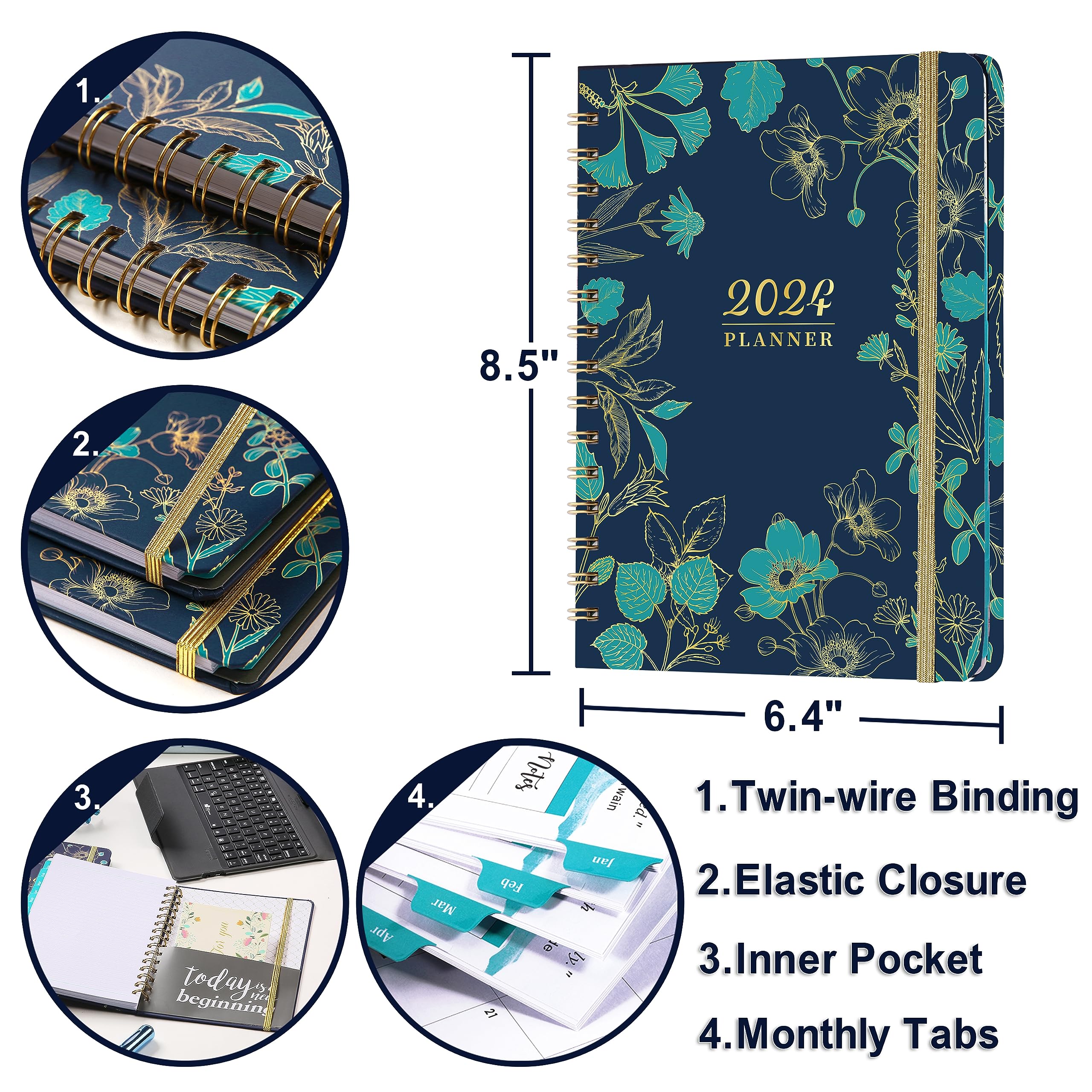 2024 Planner - Planner 2024, Jan.2024 - Dec.2024, 6.4" x 8.5", 2024 Planner Weekly and Monthly, Calendar Planner with Inner Pocket, Elastic Closure, Spiral Bound