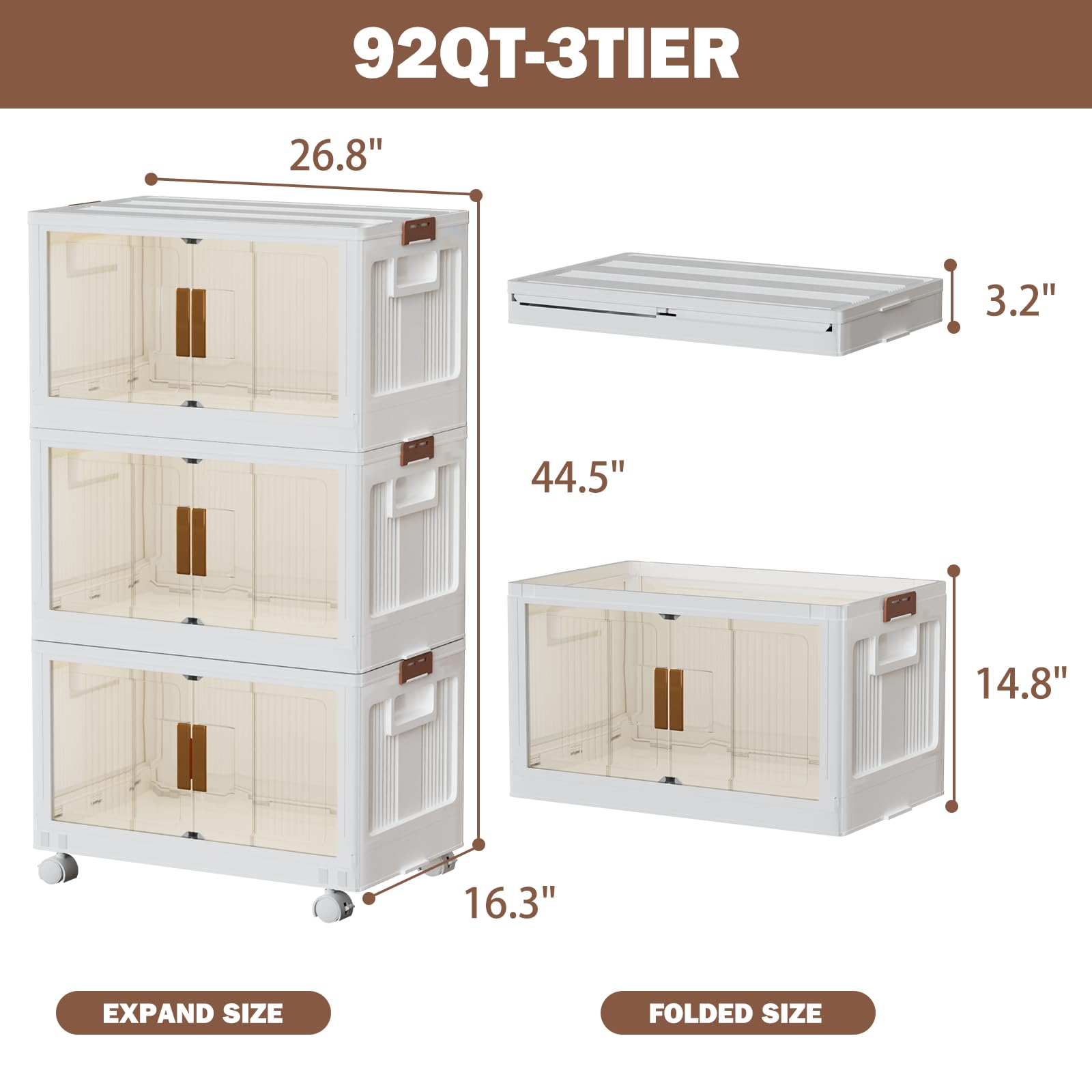 wellent Large Storage Bin with Lid, Plastic Storage Bin with wheels and Doors 92Qt(23 Gal) Per Tier, Stackable Closet Organizer,Folding Storage Containers for Living Room Bedroom & Toy Room