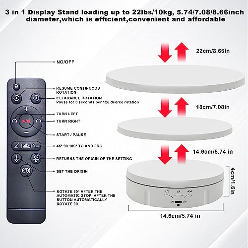 Remote Motorized Rotating Display Stand,3 in 1 Turntable Motorized White Lazy Susan with 5.74/7.08/8.66 inch Replacement Cover for Photography Products and Craft Shows（3 Modes