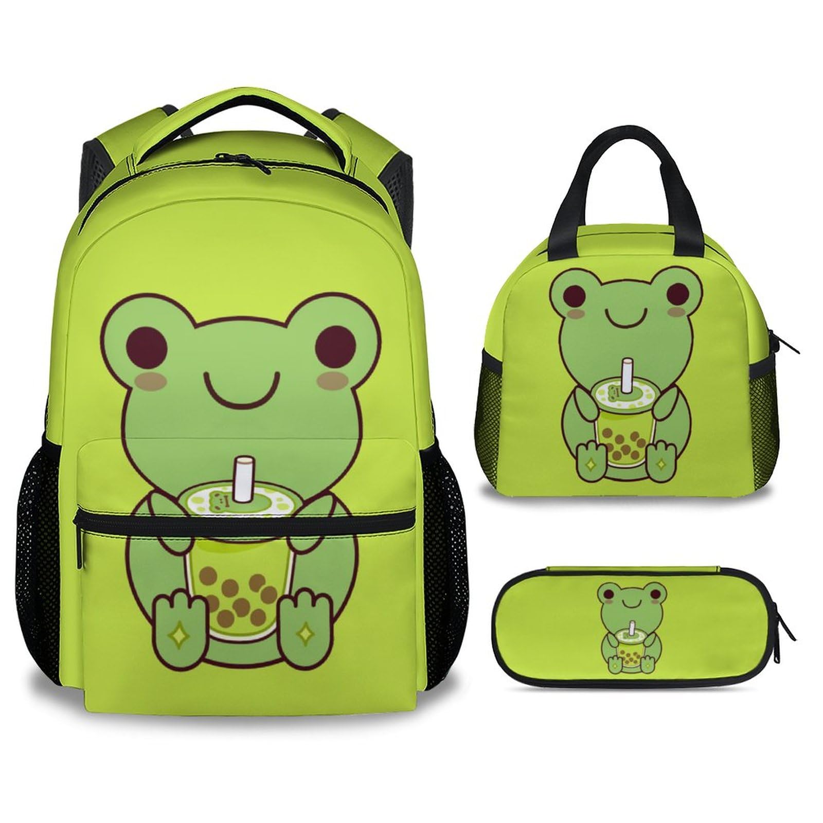 COOPASIA Frog Backpack with Lunch Box and Pencil Case, 16 Inch Frog Theme Bookbag with Adjustable Straps, Durable, Lightweight, Large Capacity, School Backpack for Girls Women