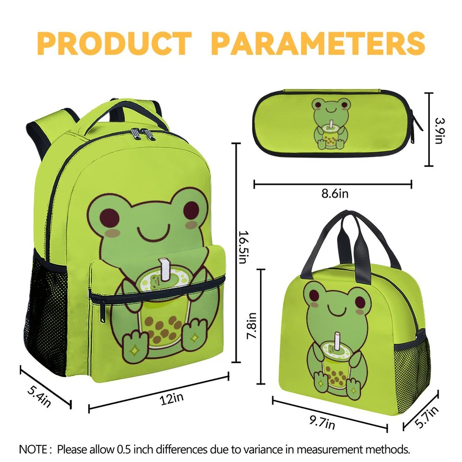 COOPASIA Frog Backpack with Lunch Box and Pencil Case, 16 Inch Frog Theme Bookbag with Adjustable Straps, Durable, Lightweight, Large Capacity, School Backpack for Girls Women