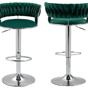 Kakotito 360° Velvet Swivel Bar Stools with Low Back & Footrest, Adjustable Counter Barstools, Silver Bar Stool (Set of 2 - Silver Version, Emerald)