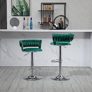 Kakotito 360° Velvet Swivel Bar Stools with Low Back & Footrest, Adjustable Counter Barstools, Silver Bar Stool (Set of 2 - Silver Version, Emerald)