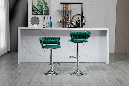 Kakotito 360° Velvet Swivel Bar Stools with Low Back & Footrest, Adjustable Counter Barstools, Silver Bar Stool (Set of 2 - Silver Version, Emerald)