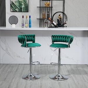 Kakotito 360° Velvet Swivel Bar Stools with Low Back & Footrest, Adjustable Counter Barstools, Silver Bar Stool (Set of 2 - Silver Version, Emerald)