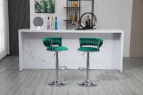 Kakotito 360° Velvet Swivel Bar Stools with Low Back & Footrest, Adjustable Counter Barstools, Silver Bar Stool (Set of 2 - Silver Version, Emerald)