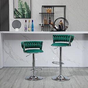 Kakotito 360° Velvet Swivel Bar Stools with Low Back & Footrest, Adjustable Counter Barstools, Silver Bar Stool (Set of 2 - Silver Version, Emerald)