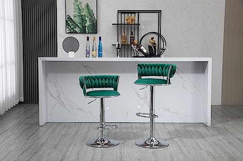 Kakotito 360° Velvet Swivel Bar Stools with Low Back & Footrest, Adjustable Counter Barstools, Silver Bar Stool (Set of 2 - Silver Version, Emerald)