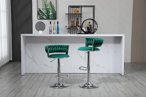 Kakotito 360° Velvet Swivel Bar Stools with Low Back & Footrest, Adjustable Counter Barstools, Silver Bar Stool (Set of 2 - Silver Version, Emerald)