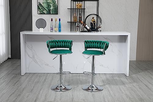 Kakotito 360° Velvet Swivel Bar Stools with Low Back & Footrest, Adjustable Counter Barstools, Silver Bar Stool (Set of 2 - Silver Version, Emerald)