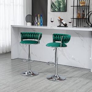 Kakotito 360° Velvet Swivel Bar Stools with Low Back & Footrest, Adjustable Counter Barstools, Silver Bar Stool (Set of 2 - Silver Version, Emerald)