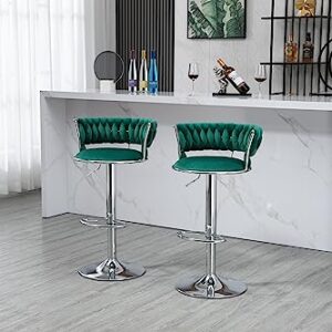 Kakotito 360° Velvet Swivel Bar Stools with Low Back & Footrest, Adjustable Counter Barstools, Silver Bar Stool (Set of 2 - Silver Version, Emerald)