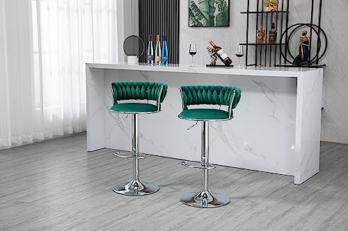 Kakotito 360° Velvet Swivel Bar Stools with Low Back & Footrest, Adjustable Counter Barstools, Silver Bar Stool (Set of 2 - Silver Version, Emerald)