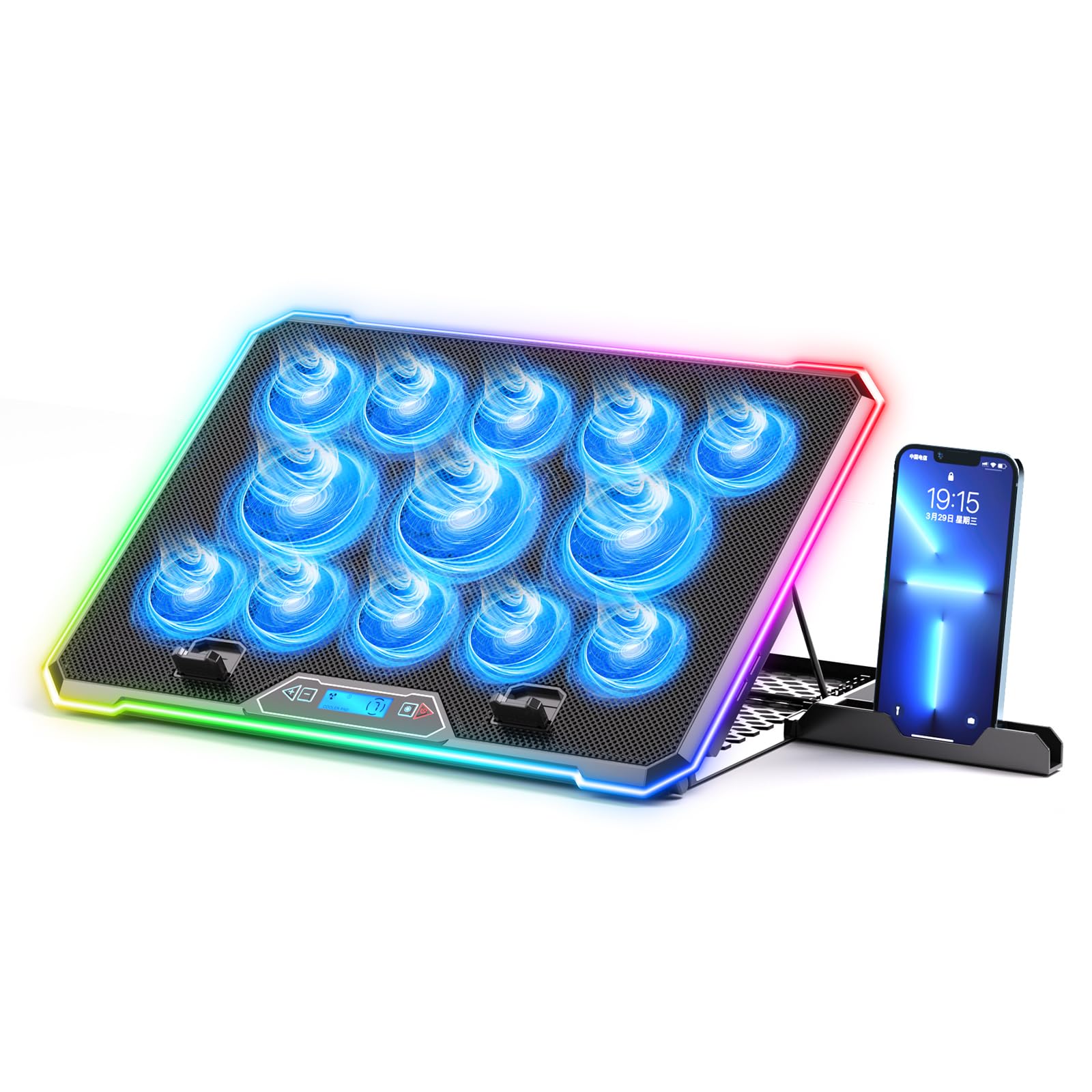 KYOLLY RGB Laptop Cooling Pad Gaming Laptop Cooler, Laptop Fan Cooling Stand with 13 Quiet Cooling Fans for 15.6-17.3 inch laptops, 9 Height Stand, LED Lights & LCD Screen, 2 USB Ports, Lap Desk Use