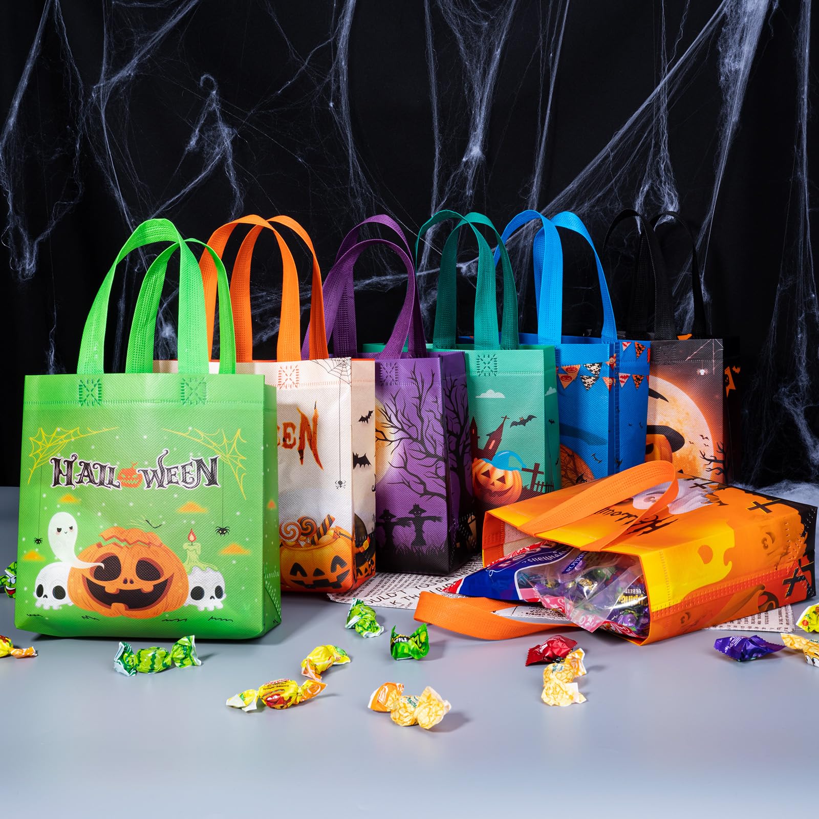 8PCS Halloween Treat Bags Candy Bags, Kids Trick or Treat Bags Goodie Bags, Small Halloween Tote Bags with Handles, Non-Woven Halloween Bags for Halloween Party Decoration Supplies