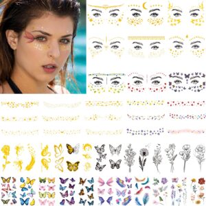 jeefonna 60 sheets face temporary tattoos, metallic fake tattoos for women, men, kids, waterproof, festival, cosplay, halloween