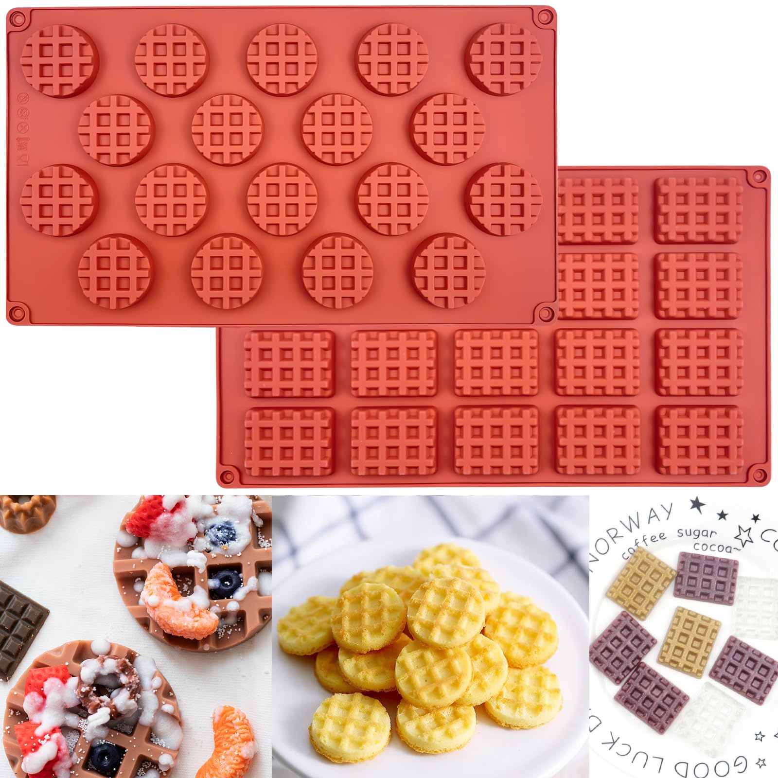 Aswewamt 2 Pcs Rectangle Round Waffle Silicone Mold 18-Cavity 20-Cavity Mini Waffle Cookie Chocolate Candy Fondant Baking Mold for Mini Muffin Dessert Cake