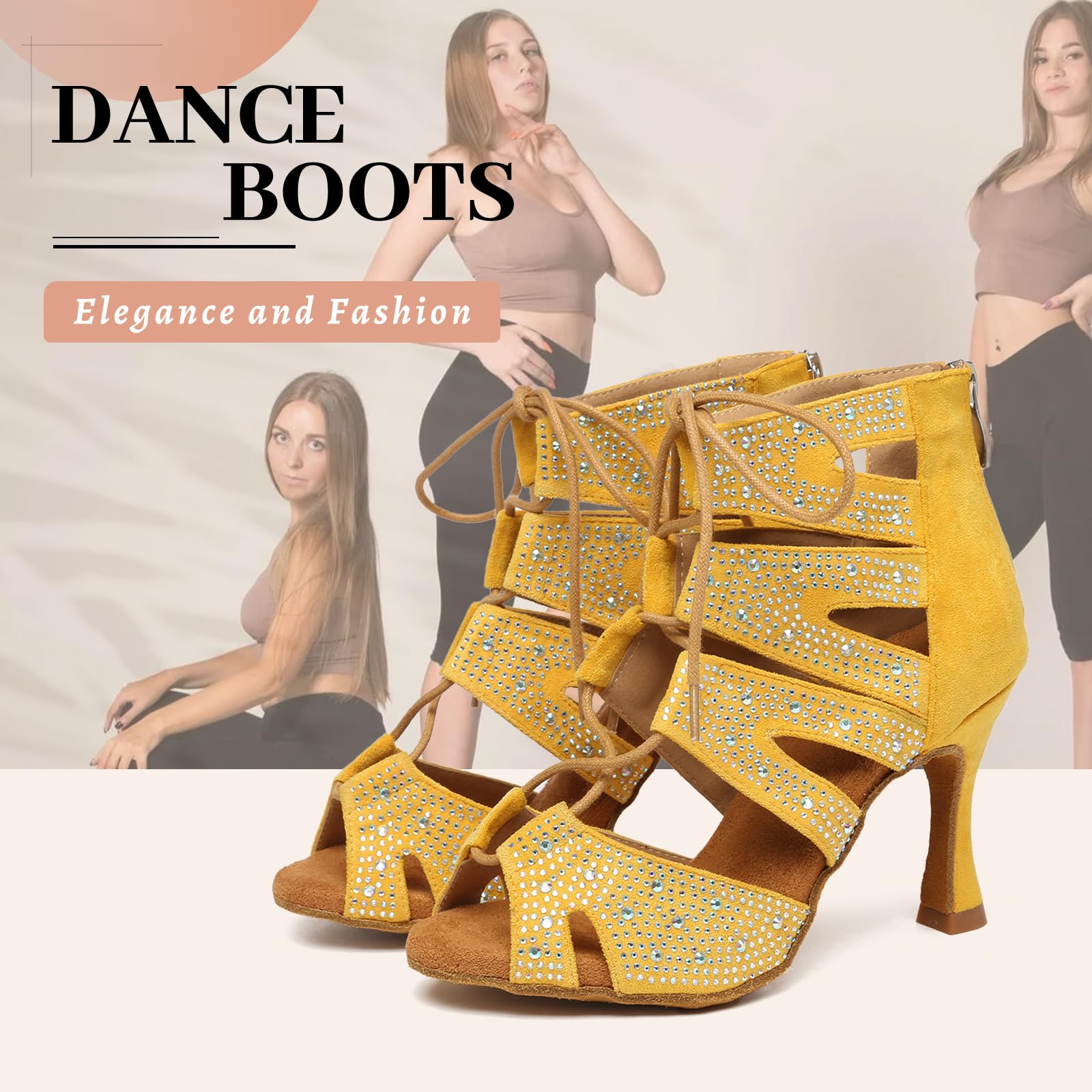 RUYBOZRY Women's Ballroom Latin Salsa Dance Shoes Lace-Up Open-Toe Dance Boots Dance Heels Booties,YCL570-Yellow-6,US 9