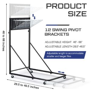 Thyle Mobile Blueprint Storage Black Vertical Poster Display Rack Heavy Duty Plan Holder with 12 Brackets Height Length Adjustable Rolling Stand Wheel File Organizer Stand for Office Home School