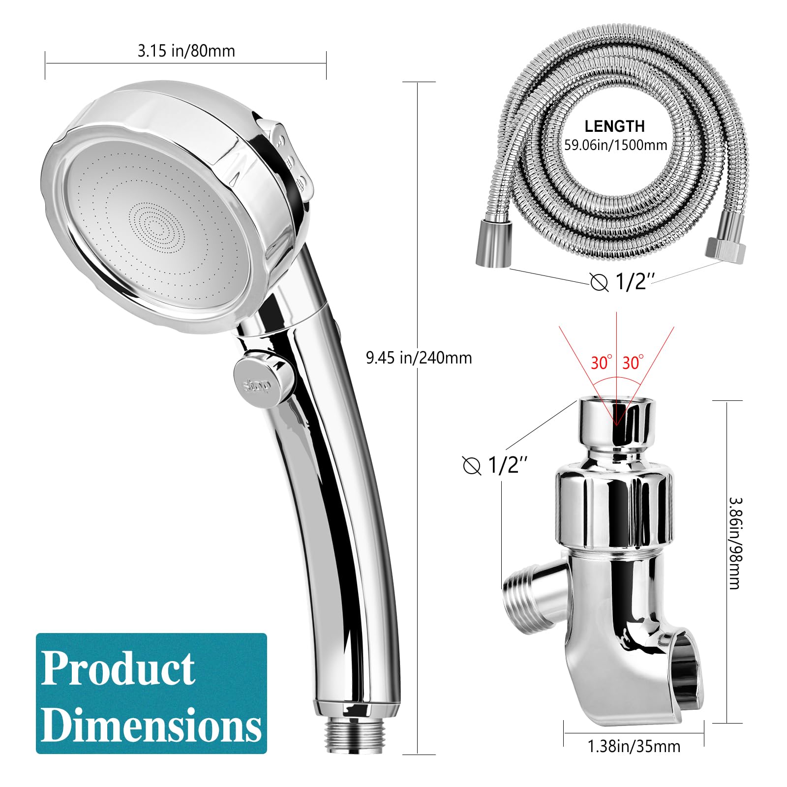 High Pressure Handheld Shower Head with ON/OFF Pause Switch,3 Spray Modes Water Saving Detachable Shower Head with Adjustable Holder and Long Hose,Perfect For Pet Washing&Baby Bath