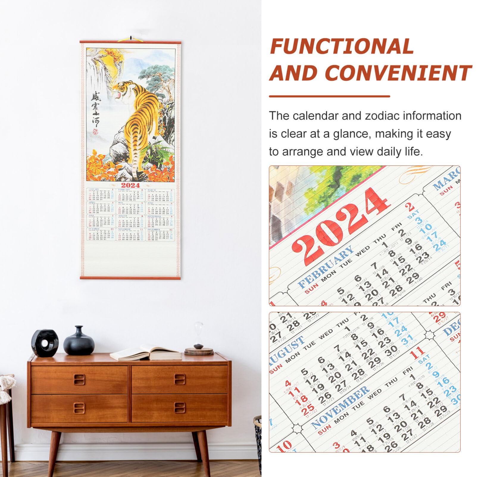 Garneck 2024 Chinese Wall Scroll Calendar, Paper Calendar Year of the Dragon Wall Calendar Chinese New Year Calendar Reel Calendar Planner