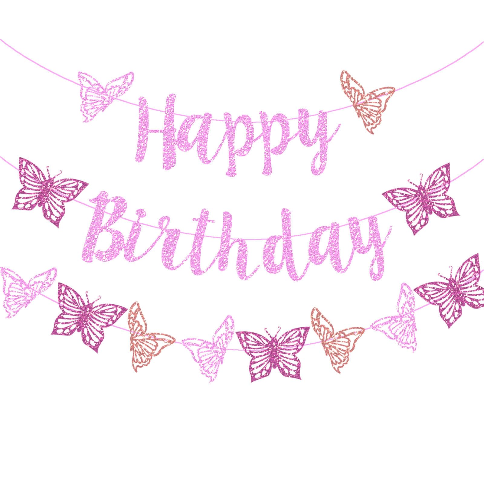 Vetwo Butterfly Birthday Decorations Pink Glitter Butterfly Happy Birthday Party Banner for Spring Butterfly Themed Gender Reveal Baby Shower 1st 2nd 3rd 4th Happy Birthday Party Supplies Decorations