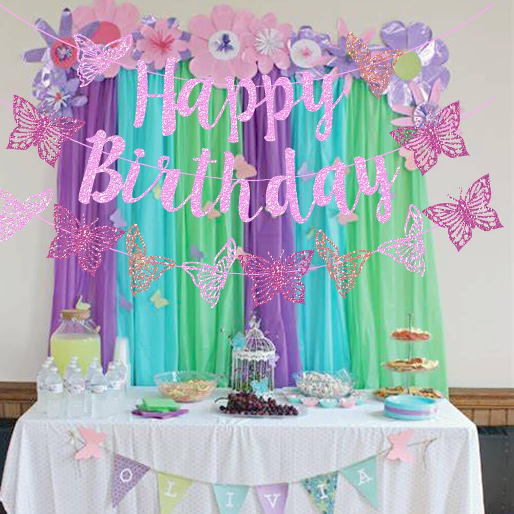 Vetwo Butterfly Birthday Decorations Pink Glitter Butterfly Happy Birthday Party Banner for Spring Butterfly Themed Gender Reveal Baby Shower 1st 2nd 3rd 4th Happy Birthday Party Supplies Decorations