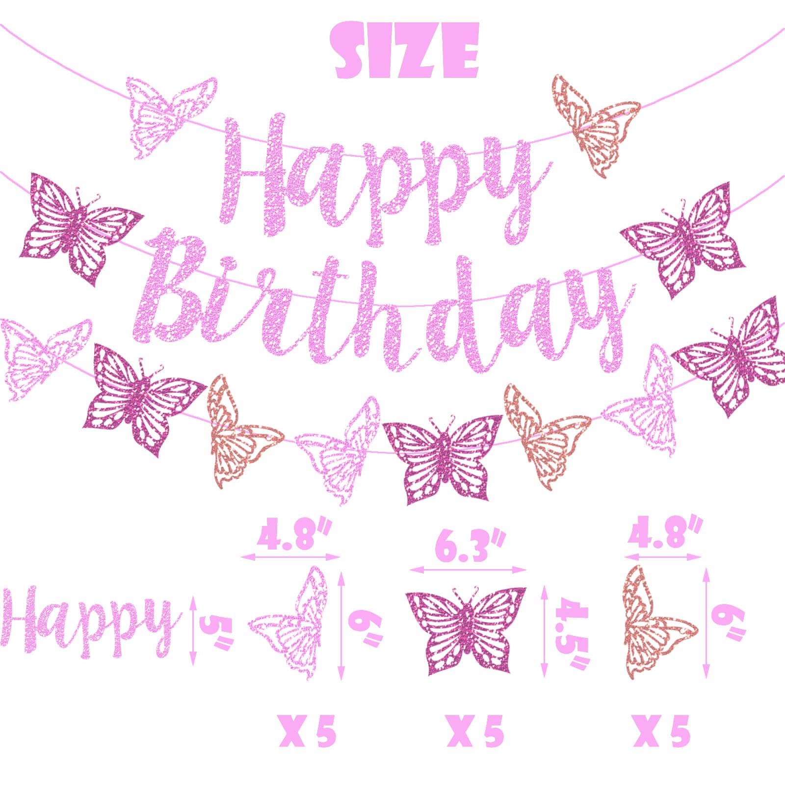 Vetwo Butterfly Birthday Decorations Pink Glitter Butterfly Happy Birthday Party Banner for Spring Butterfly Themed Gender Reveal Baby Shower 1st 2nd 3rd 4th Happy Birthday Party Supplies Decorations