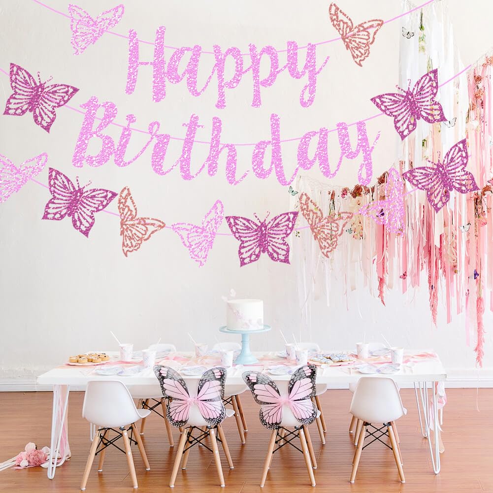 Vetwo Butterfly Birthday Decorations Pink Glitter Butterfly Happy Birthday Party Banner for Spring Butterfly Themed Gender Reveal Baby Shower 1st 2nd 3rd 4th Happy Birthday Party Supplies Decorations