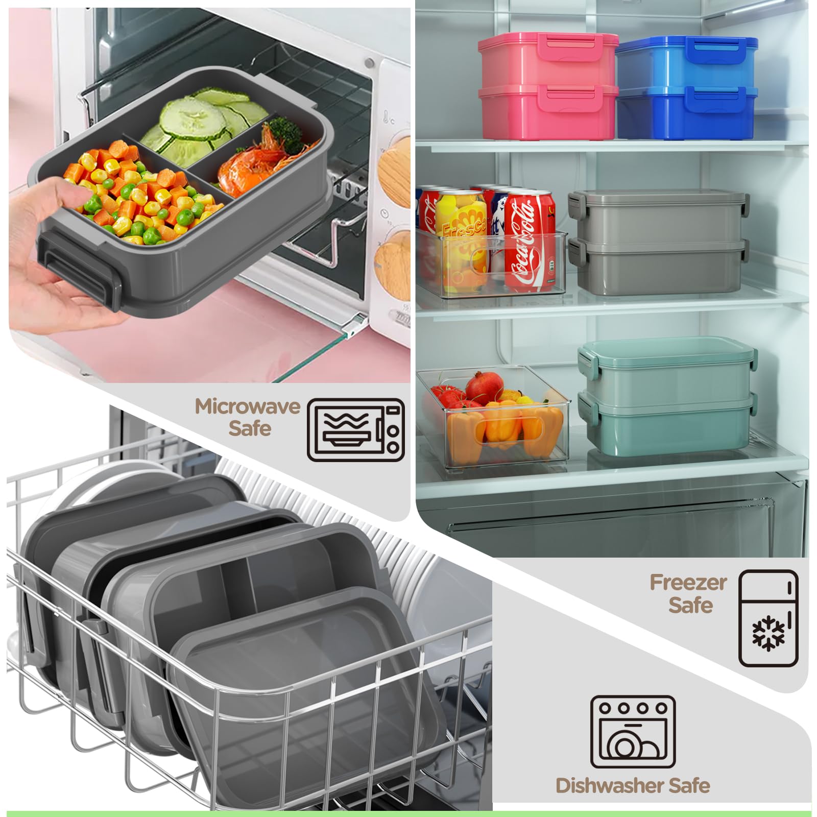 DaCool Adults Lunchbox Bento Box - 74 OZ All-in-One Stackable Lunch Box for Adults Men Women Teens Leakproof Bento Large Lunch Box Containers with Fork Spoon Sauce Box for Dining Out Work School,Grey