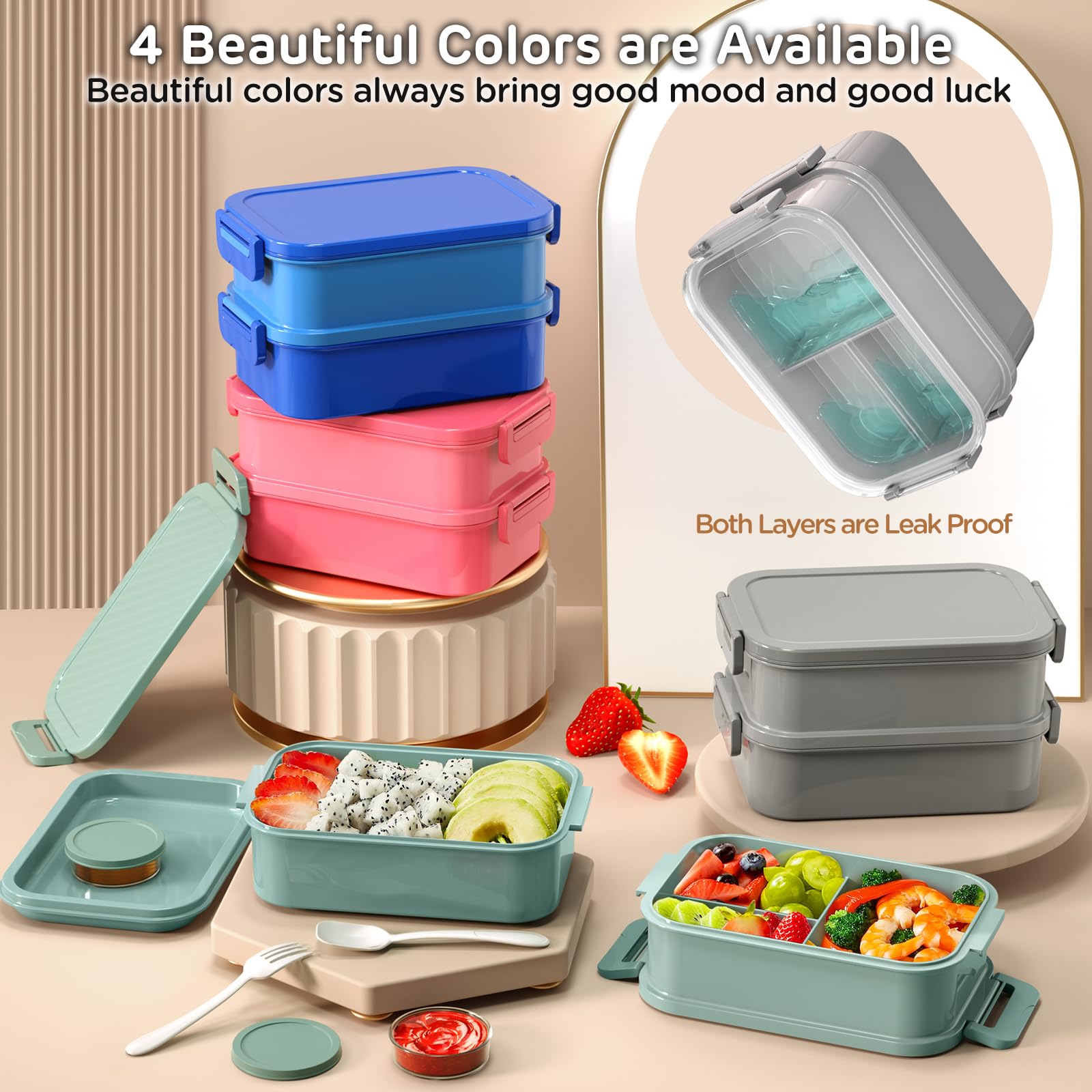 DaCool Adults Lunchbox Bento Box - 74 OZ All-in-One Stackable Lunch Box for Adults Men Women Teens Leakproof Bento Large Lunch Box Containers with Fork Spoon Sauce Box for Dining Out Work School,Grey