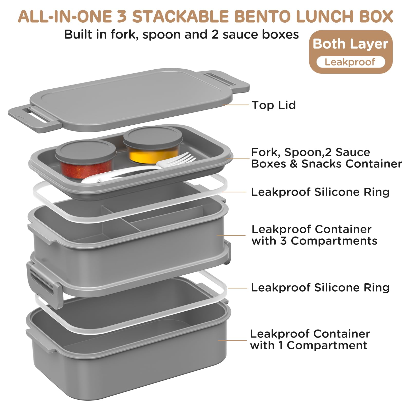 DaCool Adults Lunchbox Bento Box - 74 OZ All-in-One Stackable Lunch Box for Adults Men Women Teens Leakproof Bento Large Lunch Box Containers with Fork Spoon Sauce Box for Dining Out Work School,Grey