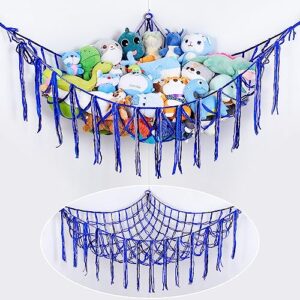 basumee stuffed animals net or hammock toy storage organizer toy hammock hanging stuffed animals storage holder with tassels for nursery kids bedroom room wall décor, blue