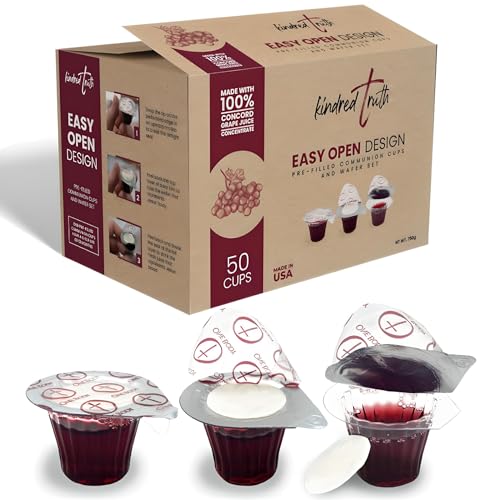 Easy Open 50 Count Pre-filled Communion Cups and Wafer Set by Kindred Truth with Communion Bread and Juice Included - by Kindred Truth