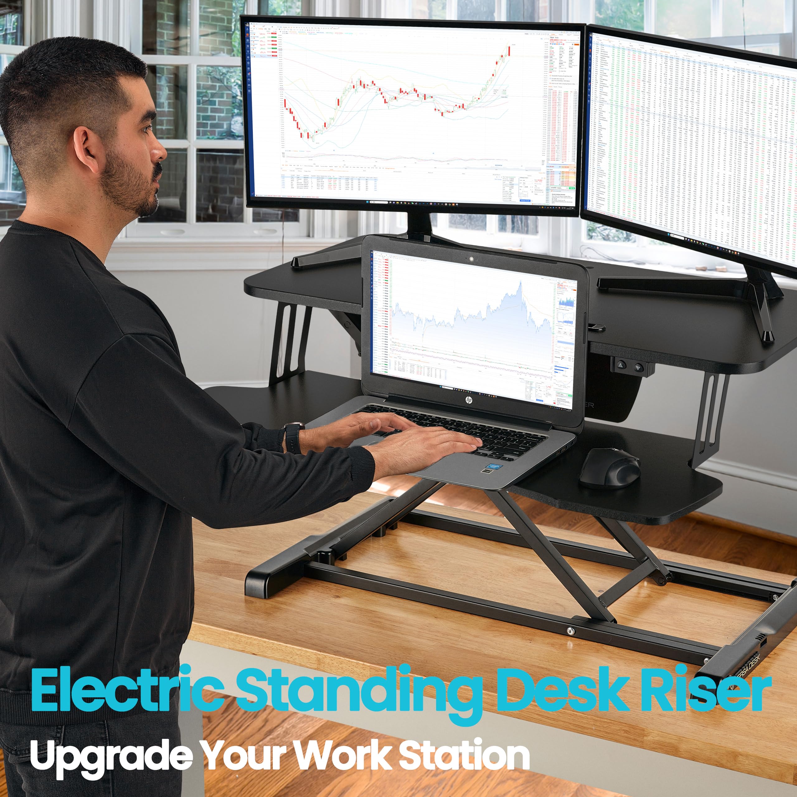 VERSADESK® PowerRiser 32 Inch Electric Standing Desk Converter for Dual Monitor, Laptop Workstation with Wide Keyboard Tray, Height Adjustable Sit to Stand Desk Riser, Black (Black, 32")