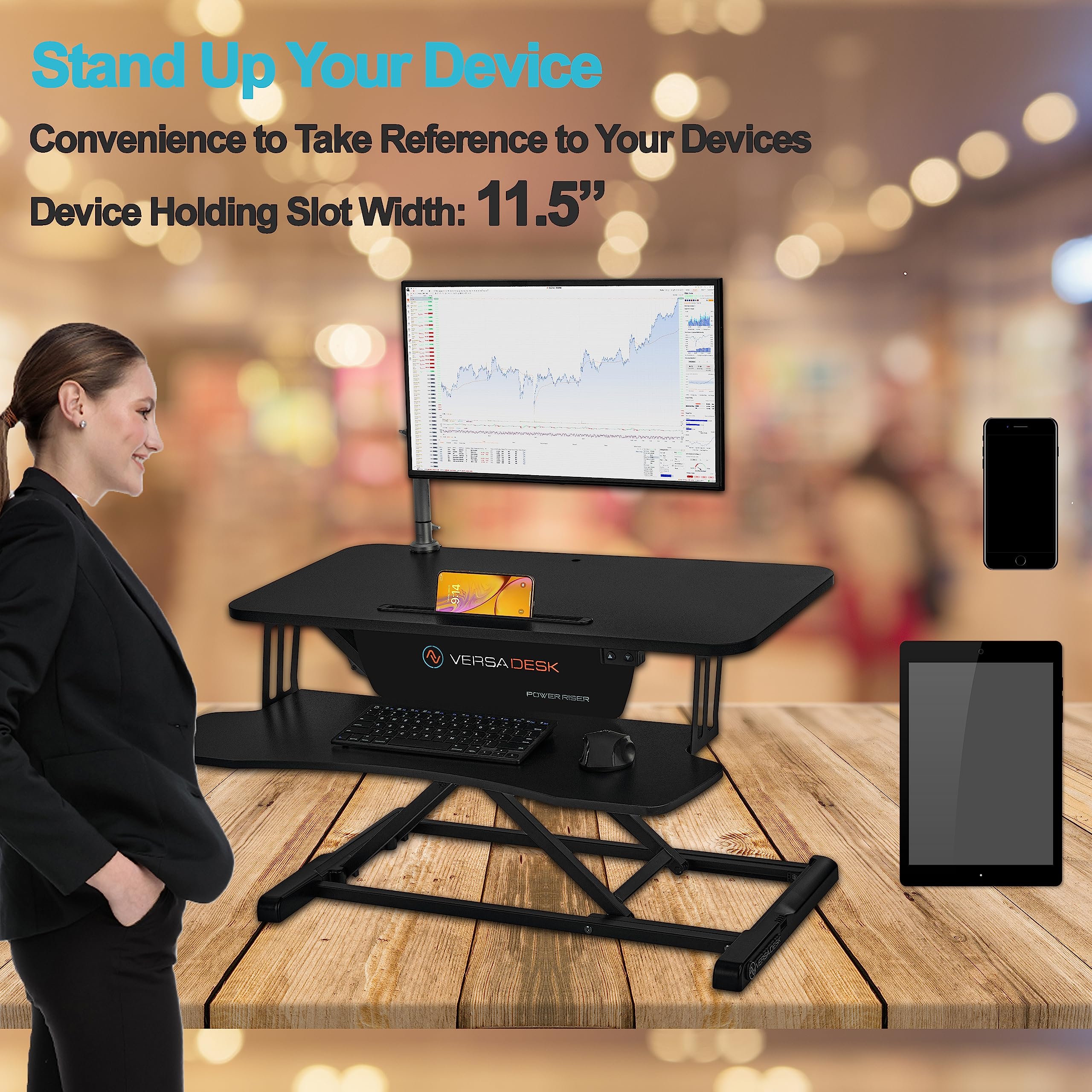 VERSADESK® PowerRiser 32 Inch Electric Standing Desk Converter for Dual Monitor, Laptop Workstation with Wide Keyboard Tray, Height Adjustable Sit to Stand Desk Riser, Black (Black, 32")