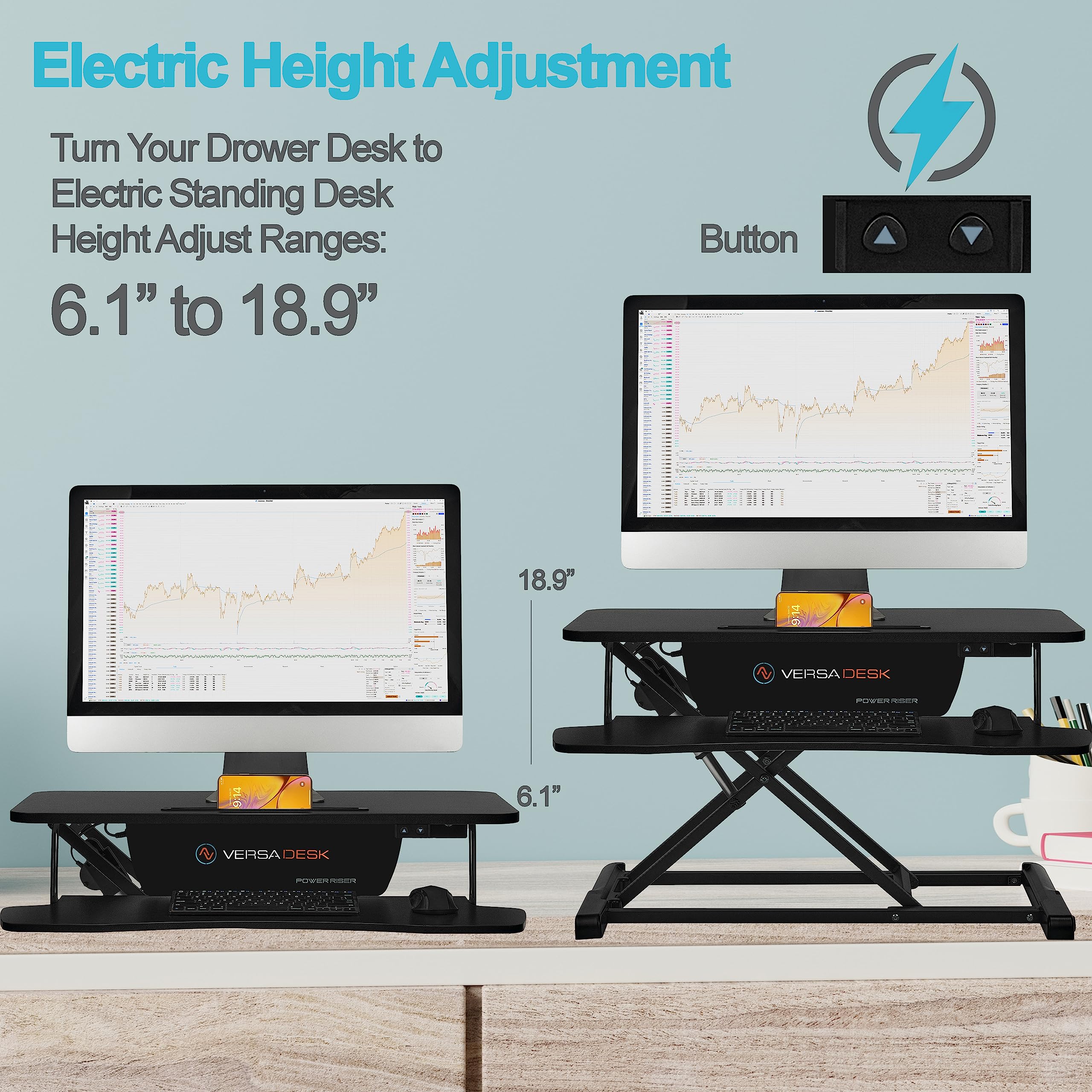 VERSADESK® PowerRiser 32 Inch Electric Standing Desk Converter for Dual Monitor, Laptop Workstation with Wide Keyboard Tray, Height Adjustable Sit to Stand Desk Riser, Black (Black, 32")