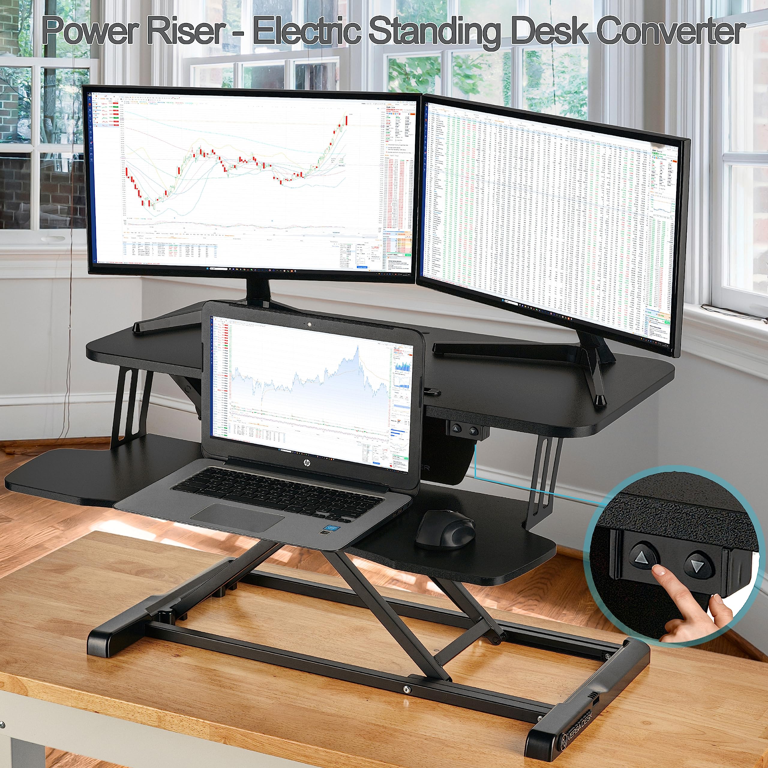 VERSADESK® PowerRiser 32 Inch Electric Standing Desk Converter for Dual Monitor, Laptop Workstation with Wide Keyboard Tray, Height Adjustable Sit to Stand Desk Riser, Black (Black, 32")