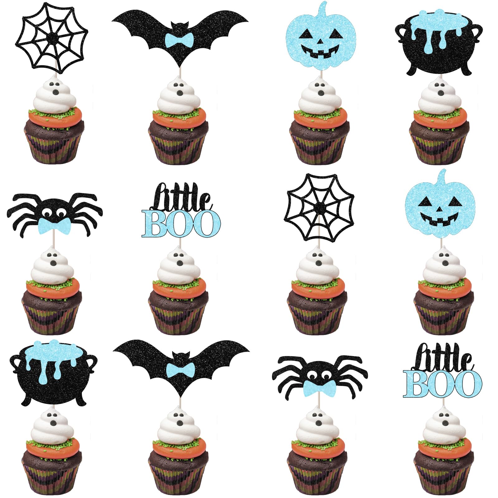 Fangleland Halloween Little Boo Ghost Cupcake Toppers Baby Shower Decorations for Boy, 36Pcs Blue and Black Dessert Table Cupcake Toppers Decors Gender Reveal Birthday Party Favor Supplies