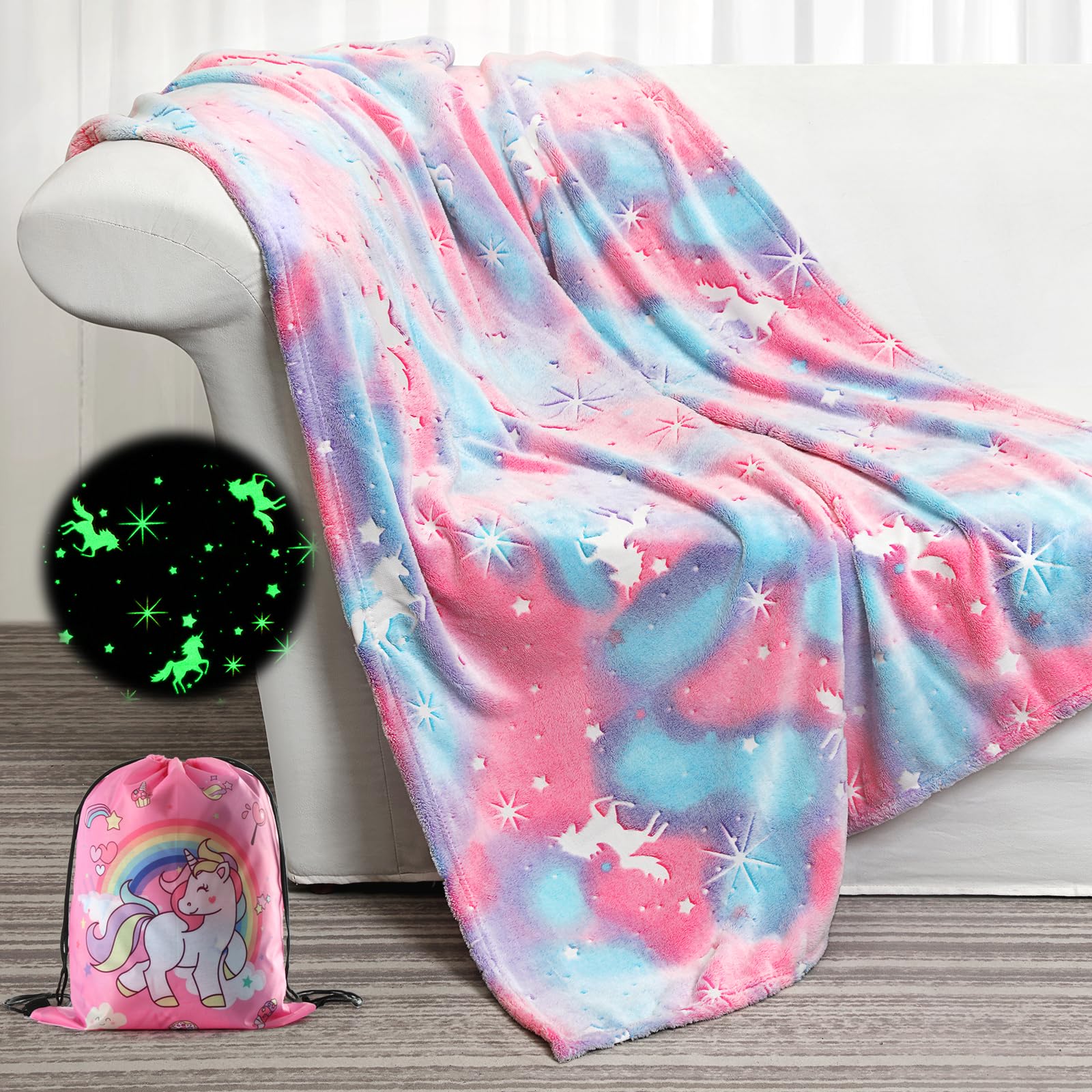 Anowpo Glow in The Dark Blanket Unicorns Gifts for Girls,Soft Blanket for 3 4 5 6 7 8 9 10 Year Old Girl Girls, Toddler Girls Toys Age 6-8,Mothers Day Birthday Gifts Christmas,50"x60"