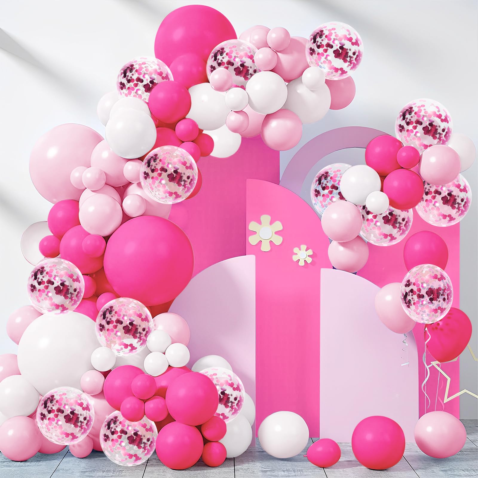 146 Pieces Rose Pink Balloon Garland Arch Kit Hot Pink Balloon Garland Kit White Balloons for Wedding Party Princess Theme Birthday Bridal Shower Decorations