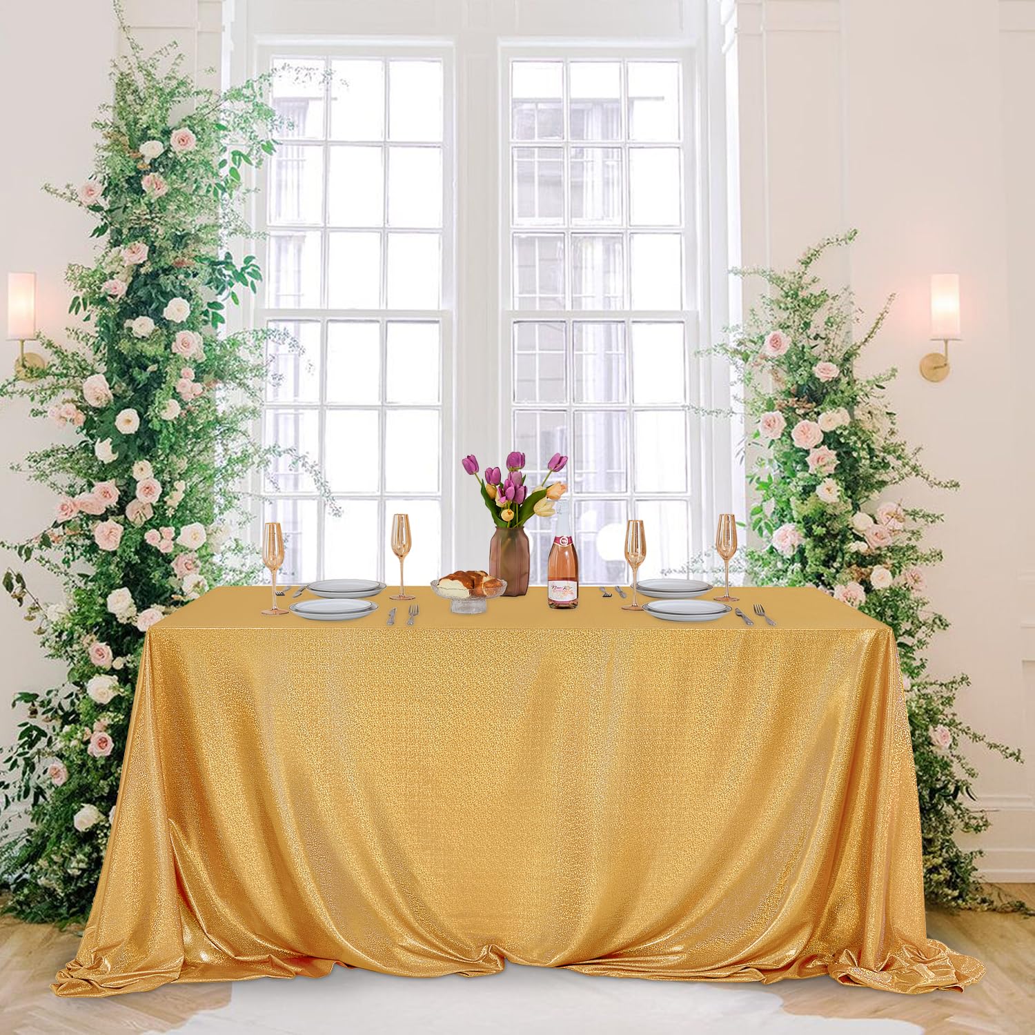 Fitable 2 Pack Gold Sequin Tablecloth for Parties 60x102 Inch - Sparkle Glitter Table Cloth Laser Rectangle Table Cover Overlay for Wedding Baby Shower Ceremony Birthday Cake Table Holiday Banquet