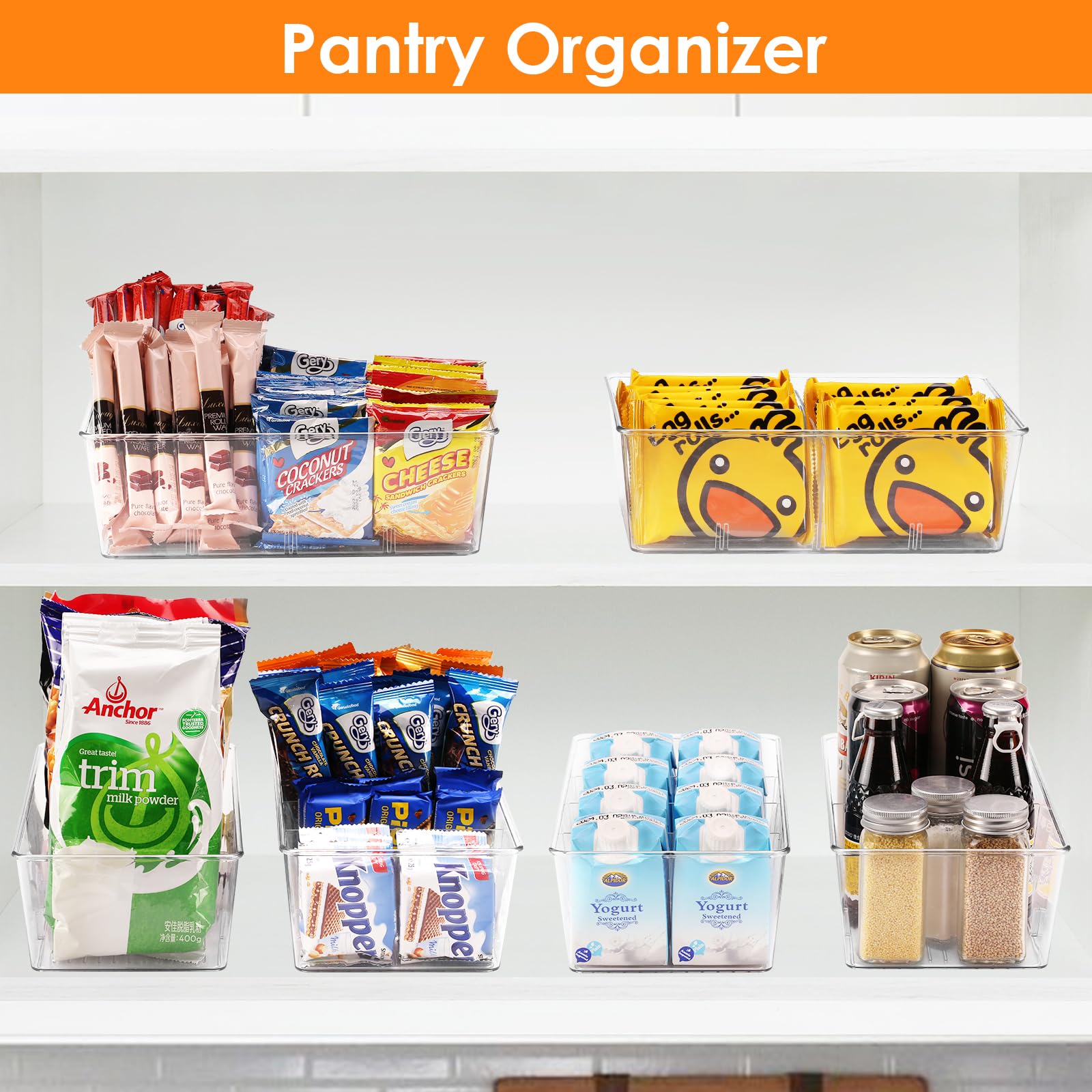 Pantry Organizers and Storage, Hronta 4 Pack Clear Storage Bins for Kitchen, Fridge, Cabinet Organization, 4 Compartment Organizer Bins for Snacks, Pouches, Spice Packets, Tea Bags