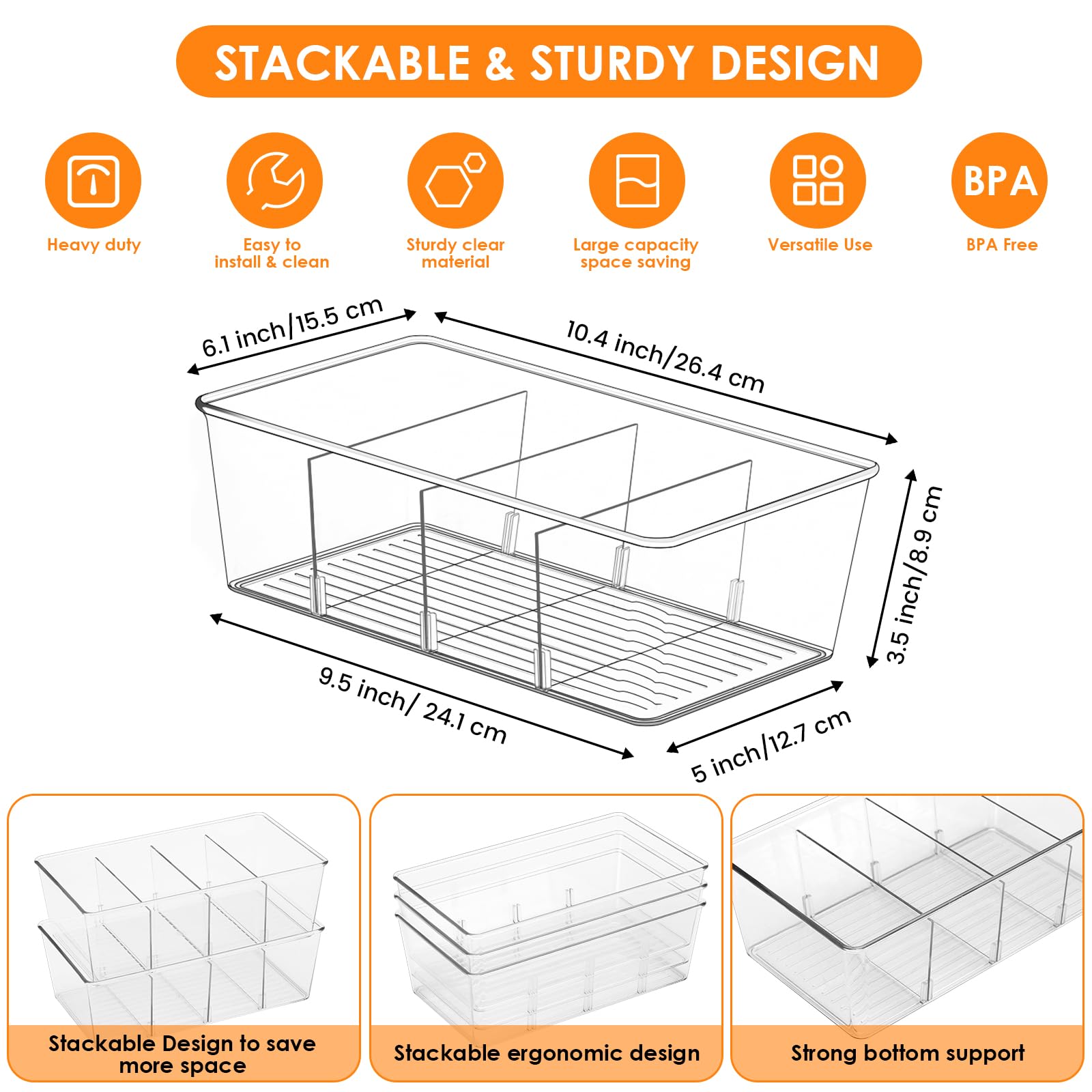 Pantry Organizers and Storage, Hronta 4 Pack Clear Storage Bins for Kitchen, Fridge, Cabinet Organization, 4 Compartment Organizer Bins for Snacks, Pouches, Spice Packets, Tea Bags